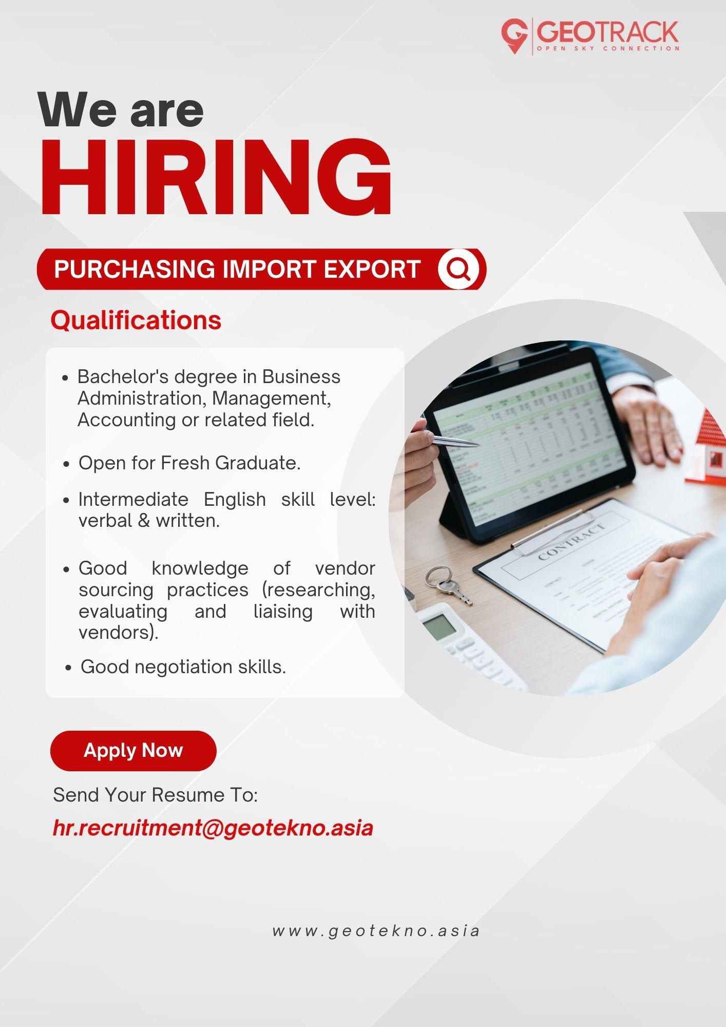 Hiring Purchasing Import Export, HR Executive - PT Geo Tekno Globalindo ...