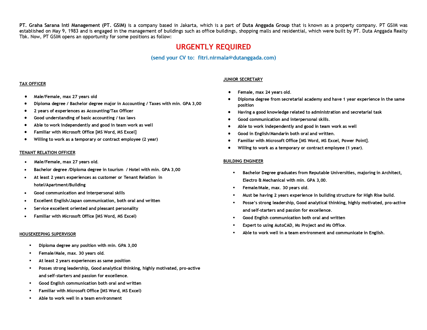 Hiring PT Graha Sarana Inti Management - Kampus Kwik Kian Gie